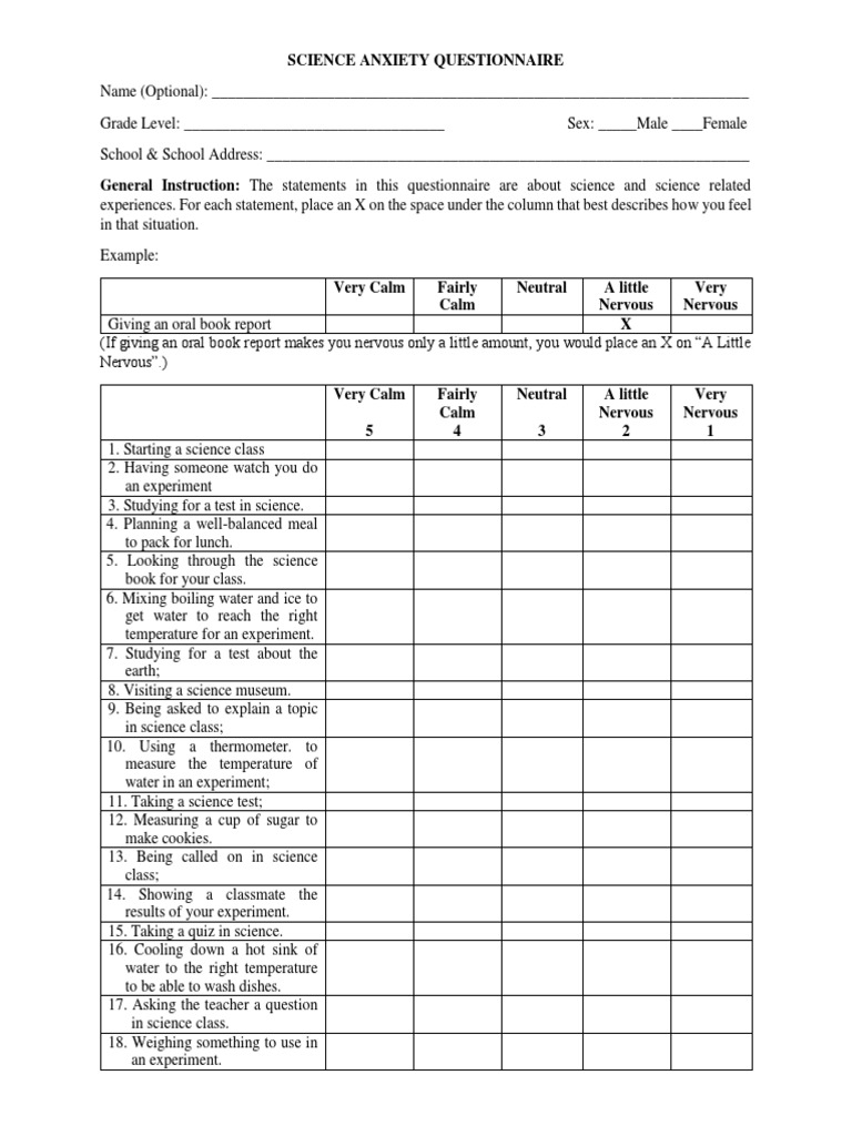 SCIENCE ANXIETY QUESTIONNAIRE For SHS | PDF | Survey Methodology ...