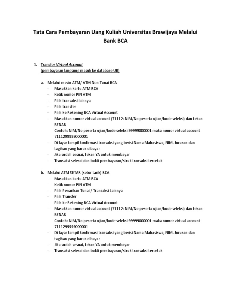 BCA Tata Cara Pembayaran Uang Kuliah Universitas Brawijaya Melalui Bank BCA PDF | PDF