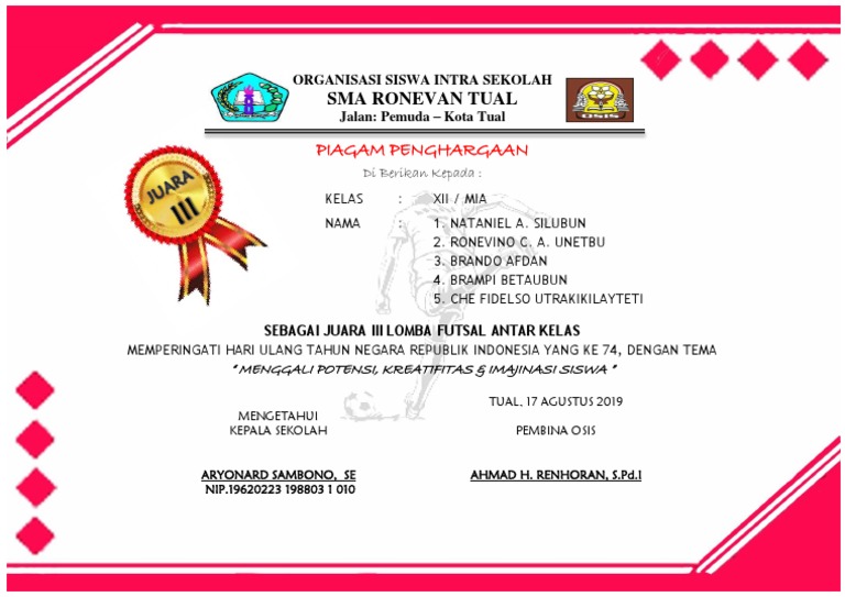 Piagam Penghargaan Juara Futsal | PDF