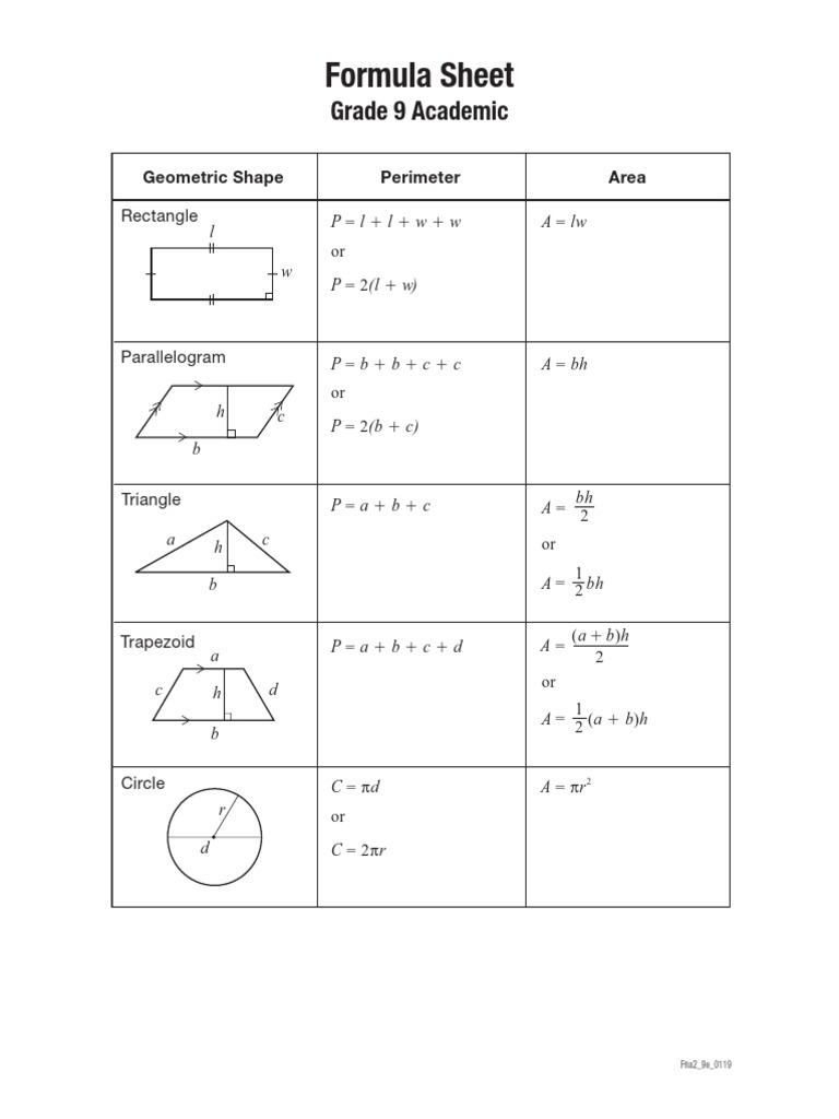 g9 Formula Sheet Academic | PDF | Area | Euclidean Plane Geometry