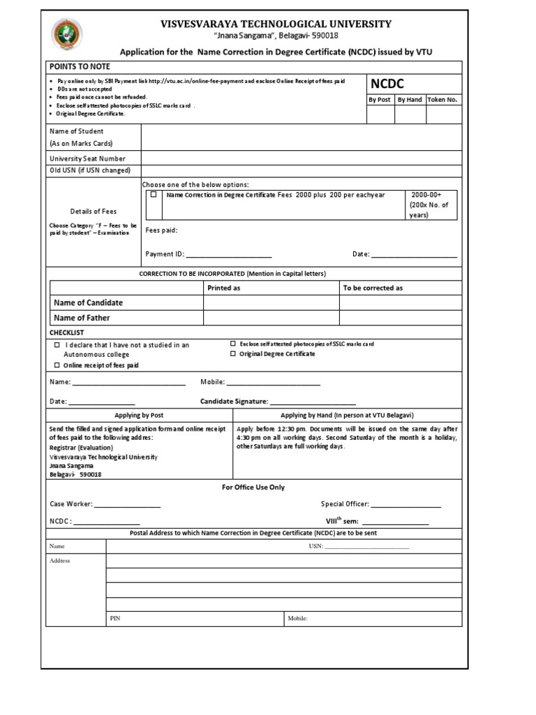 Vtu Name Correction Form Degree Certificate | PDF | Receipt | Written ...