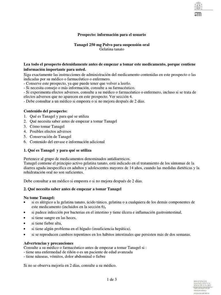 Tanagel 250 mg: Uso y Precauciones | PDF | Medicamentos con receta ...