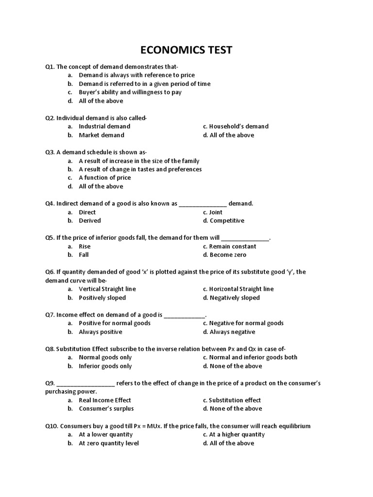Economics Test Questions | PDF | Demand | Utility