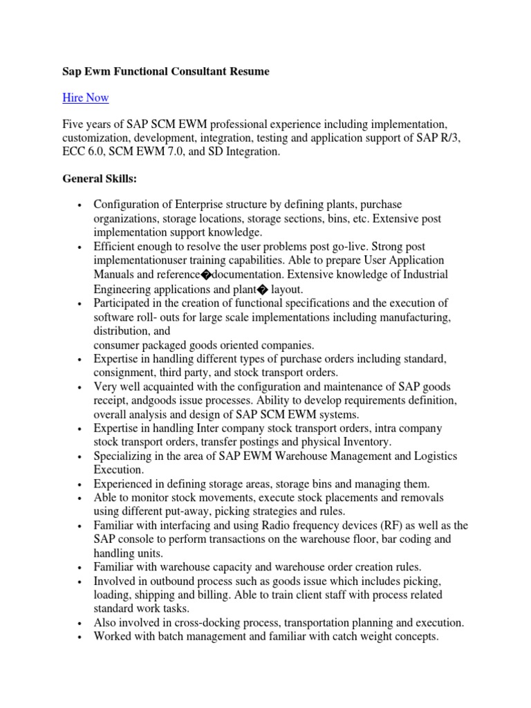 Sap Ewm Functional Consultant Resume | Warehouse | Sap Se