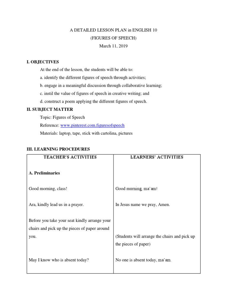 A DETAILED LESSON PLAN in ENGLISH 10 | PDF | Lesson Plan | Linguistics