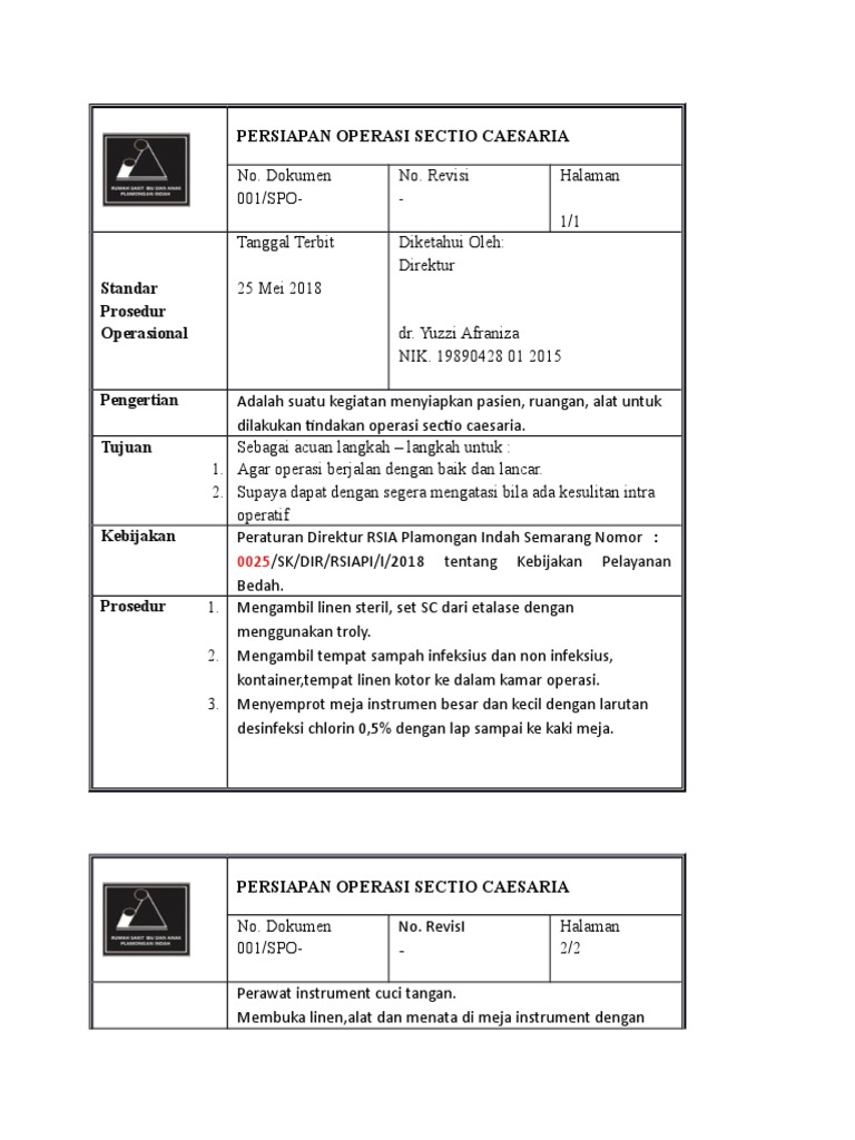 PERSIAPAN OPERASI SECTIO CAESARIA Sop | PDF