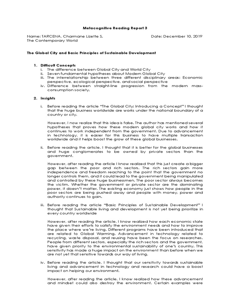 Metacognitive Reading Report 3 | PDF | Economy And The Environment ...