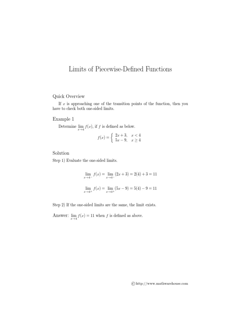 Limits With Piecewise Functions | PDF | Discrete Mathematics ...