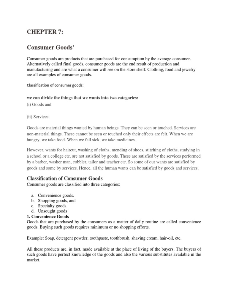 Classification Of Consumer Goods Pdf Final Good Goods