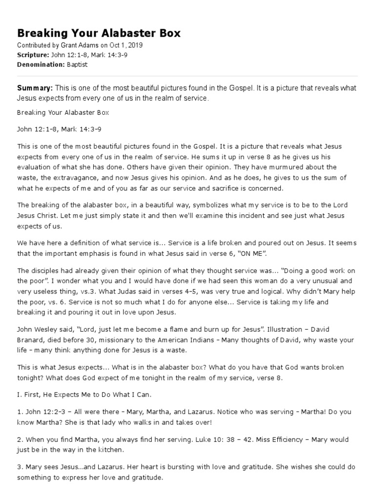 Breaking Your Alabaster Box | PDF | Gospel Of Mark | Jesus