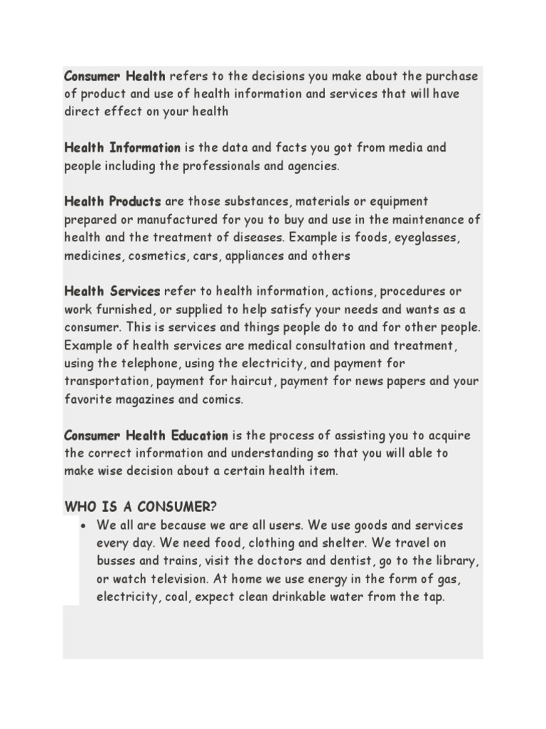 CONSUMER HEALTH EDUCATION Consumer Health Refers To The Decisions You ...