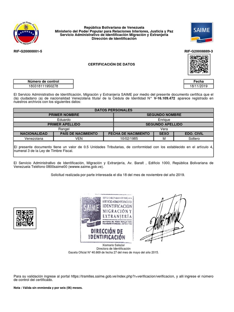 Certificacion de Datos Saime | PDF | Política de venezuela | Gobierno y ...