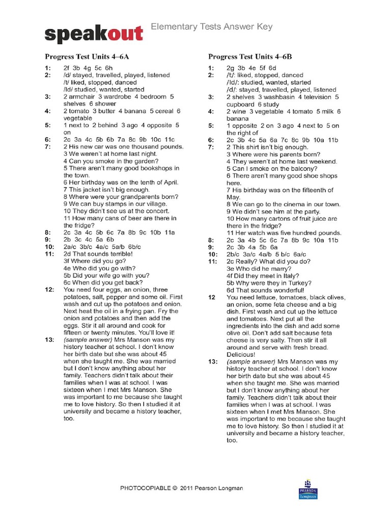 Speakout Elementary Test Answer Key | PDF