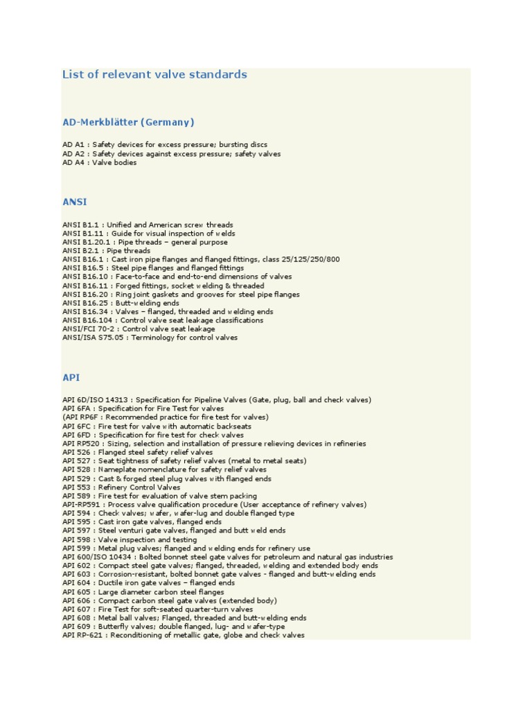 List of Valve Standards | PDF | Valve | Pipe (Fluid Conveyance)