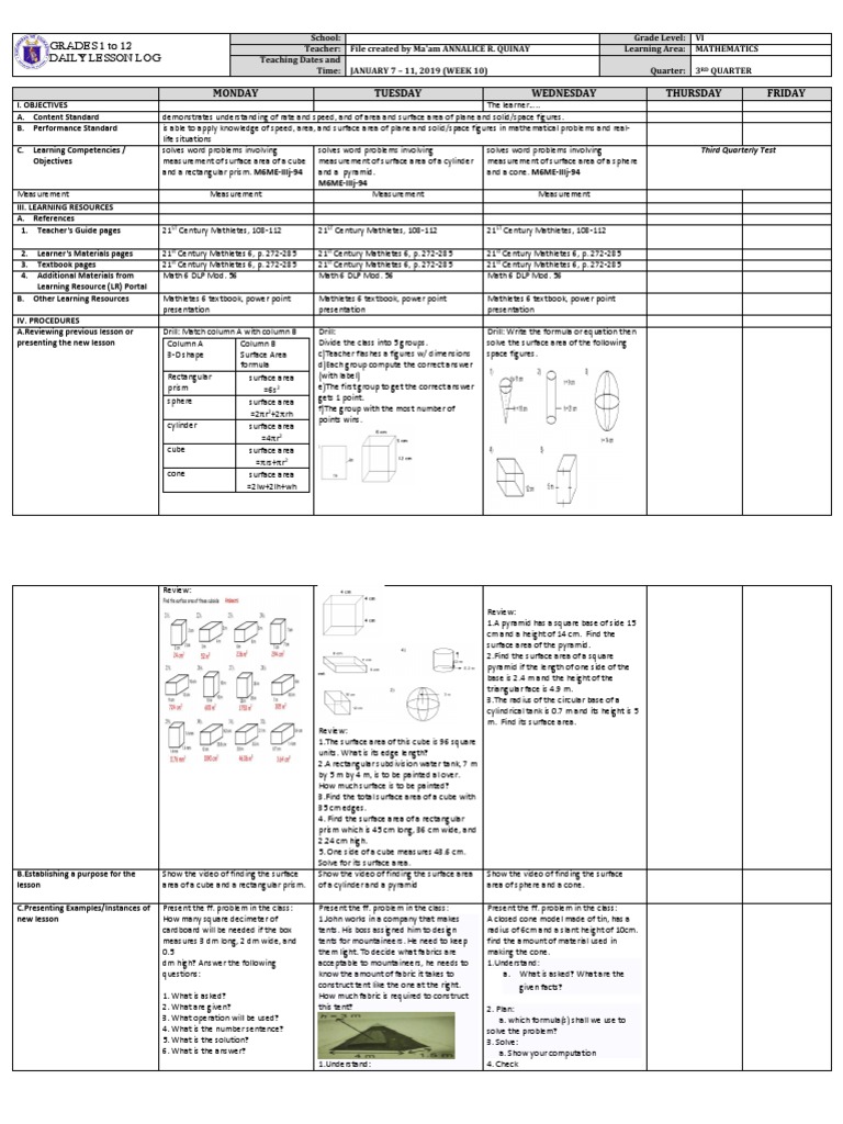 DLL - Mathematics 6 - Q3 - W10 | PDF | Area | Geometric Shapes