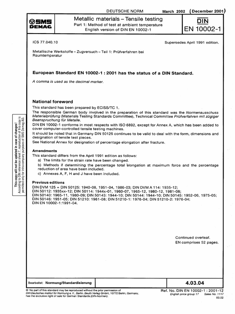 DIN EN 10002-1-2001 金属材料.拉力试验.第1部分室温下的试验方法 PDF | PDF