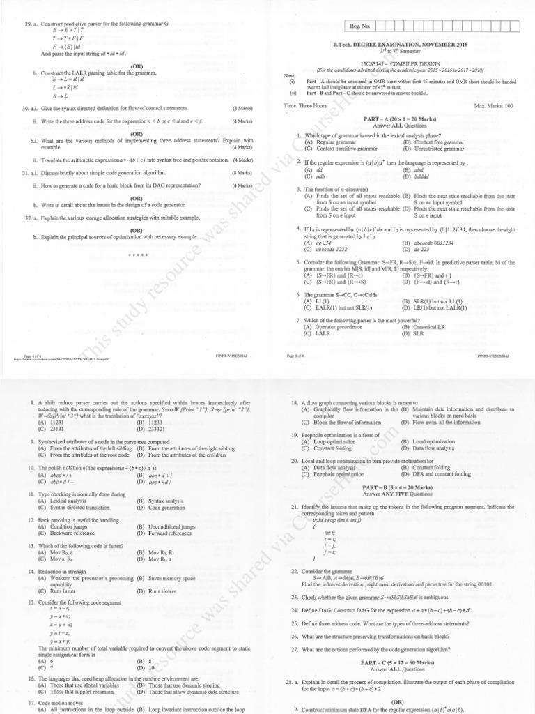 PDF (1) SRM Compiler Design 15314j Question Paper | PDF