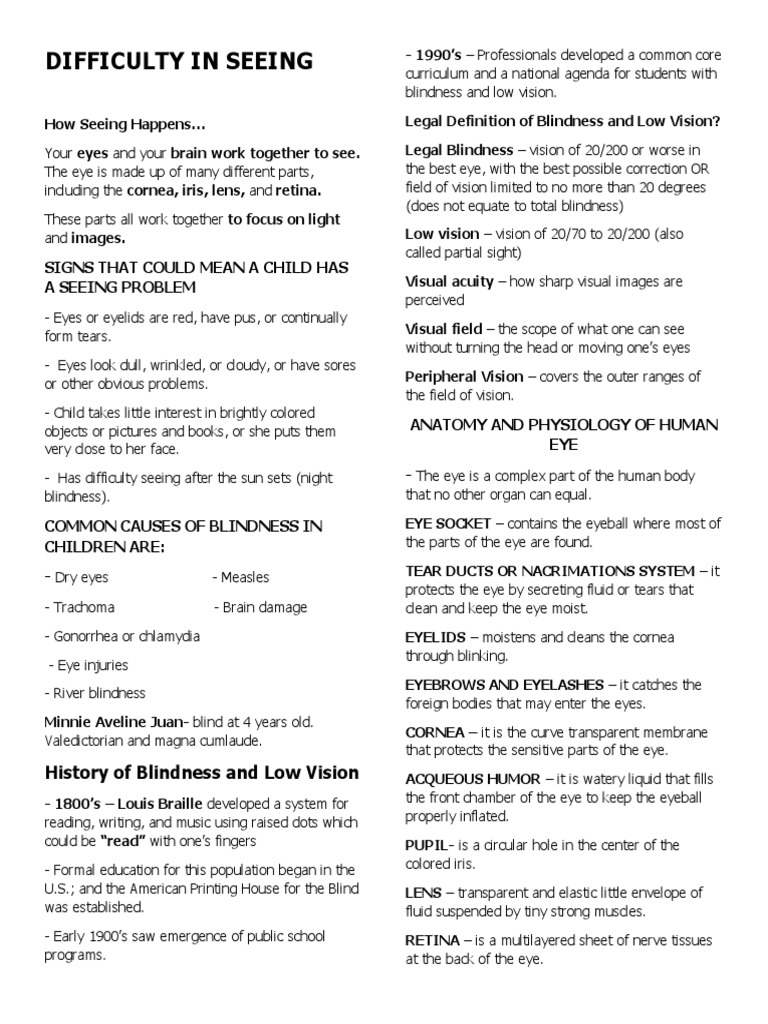Major 1 Difficulty in Seeing | PDF | Eye | Visual Impairment