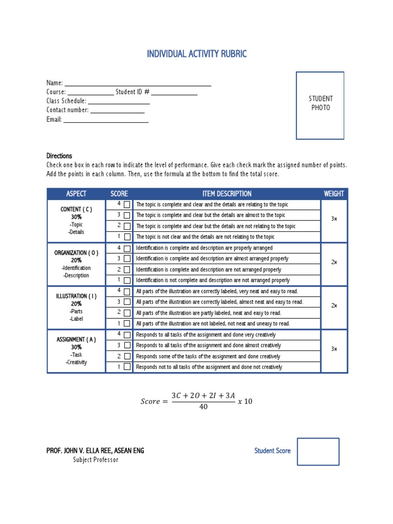 Individual Activity Rubric Breakdown | PDF | Behavior Modification ...