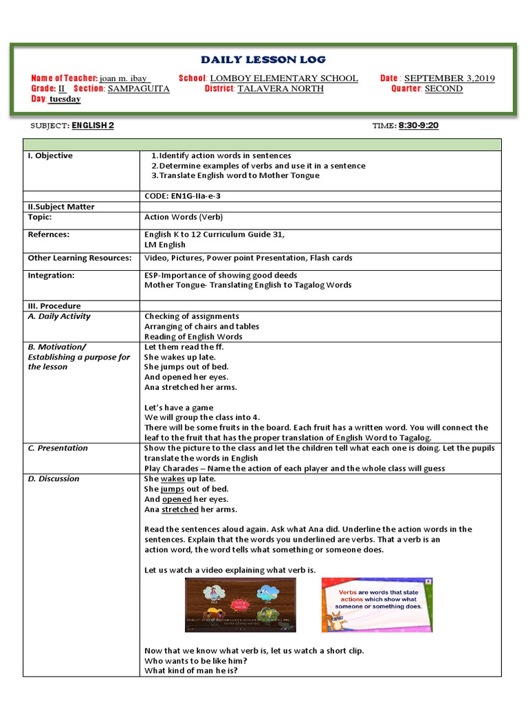 Daily Lesson Log on Action Words | PDF | English Language | Cognition