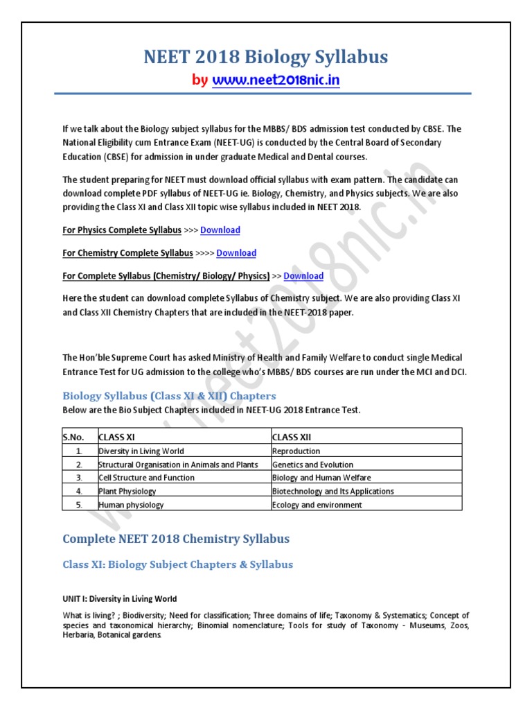NEET 2018 Biology Syllabus | PDF | Cell (Biology) | Gene