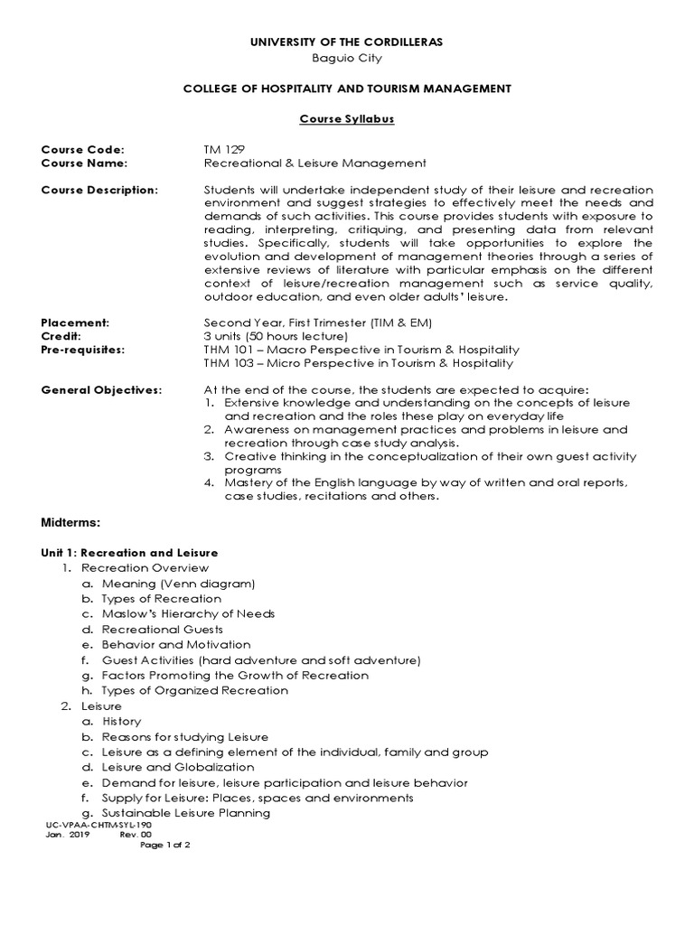 TM 129 Recreational and Leisure Management Student | PDF | Tourism | Resort