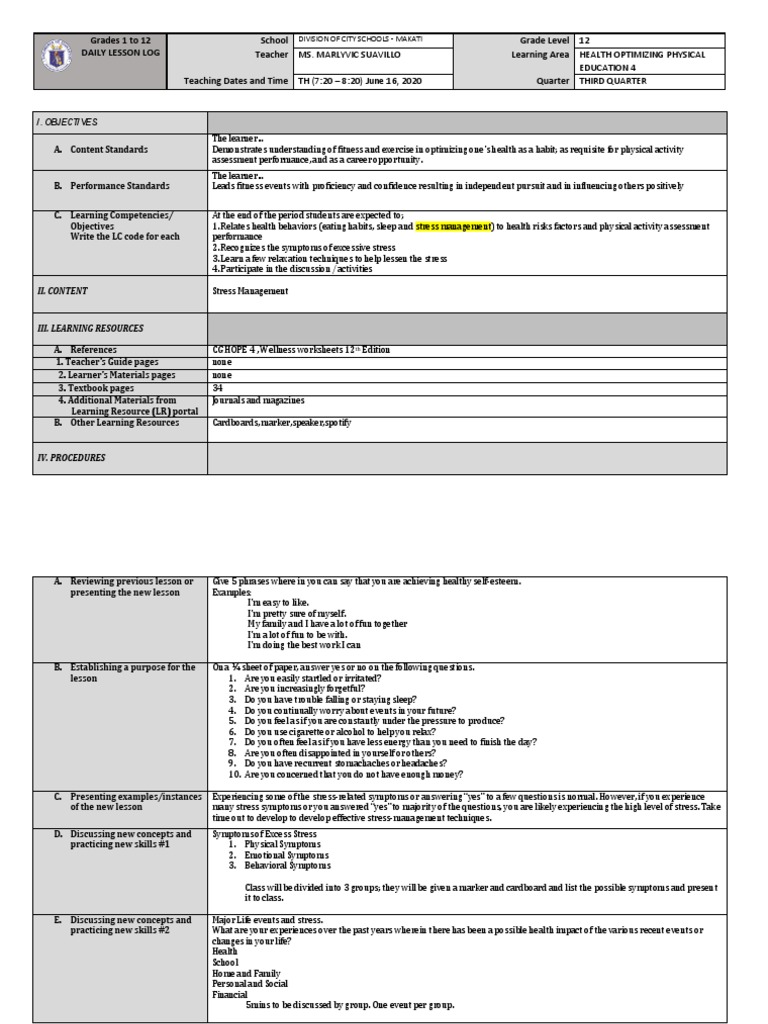 Grade 12 Stress Management Lesson | PDF | Relaxation (Psychology ...