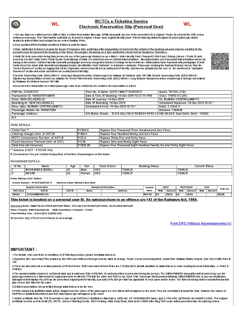 HTTPS:/WWW Irctc Co In/nget/print-Ticket PDF | PDF | Identity Document ...