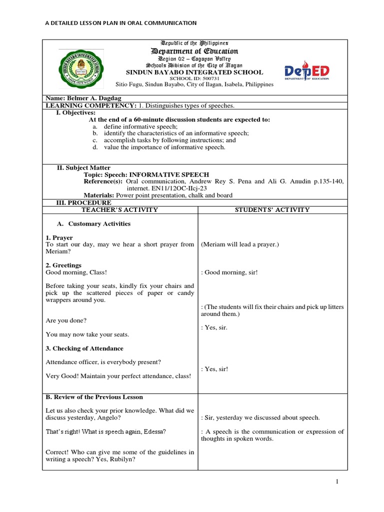 Lesson Plan Oral Communication | PDF | Lesson Plan | Hyperlink