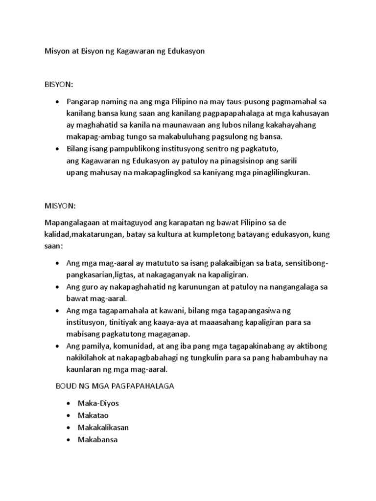 Misyon at Bisyon NG Kagawaran NG Edukasyon | PDF