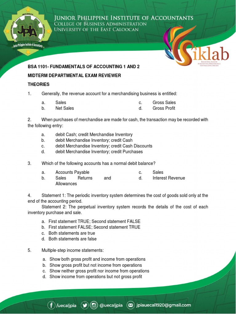 Bsa 1101 Fundamentals of Accounting 1 and 2 | PDF | Debits And Credits | Discounts And Allowances