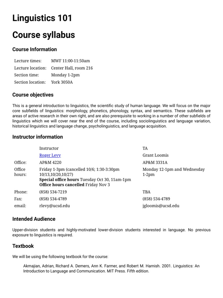 Linguistics 101 Syllabus | PDF | Phonology | Morphology (Linguistics)