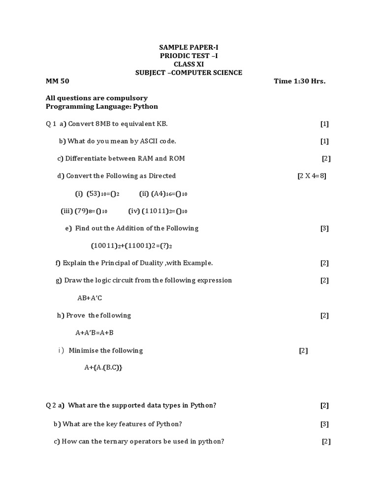 Class Xi Cs Pt1 Sample Question Paper I Pdf Python Programming Language C Programming