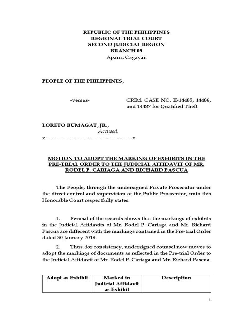 Motion To Adopt Markings in Pre-Trial Order | PDF | Judiciaries | Public Sphere