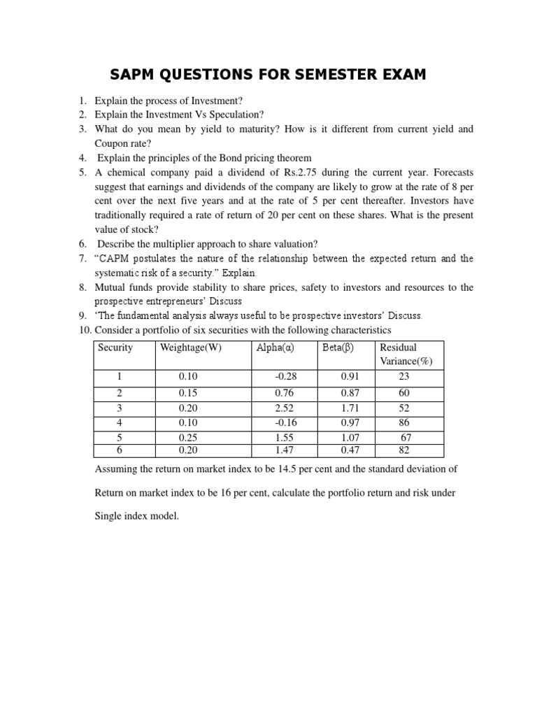 Sapm Questions For Semester Exam | PDF | Capital Asset Pricing Model | Beta (Finance)