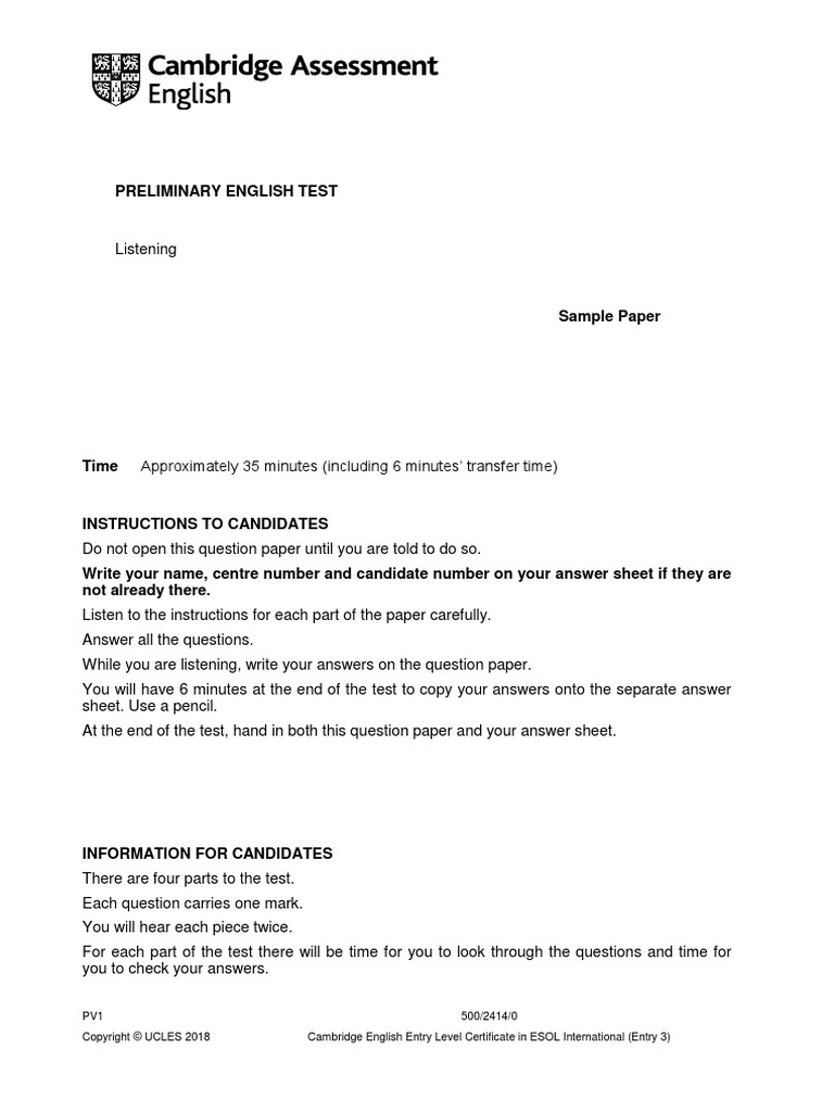 B1 Preliminary 2020 Sample Listening - Question Paper PDF | PDF