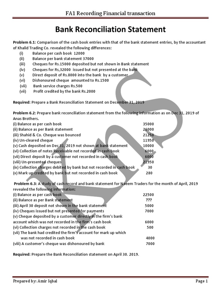 FA1 Bank Reconciliation | PDF | Cheque | Banks