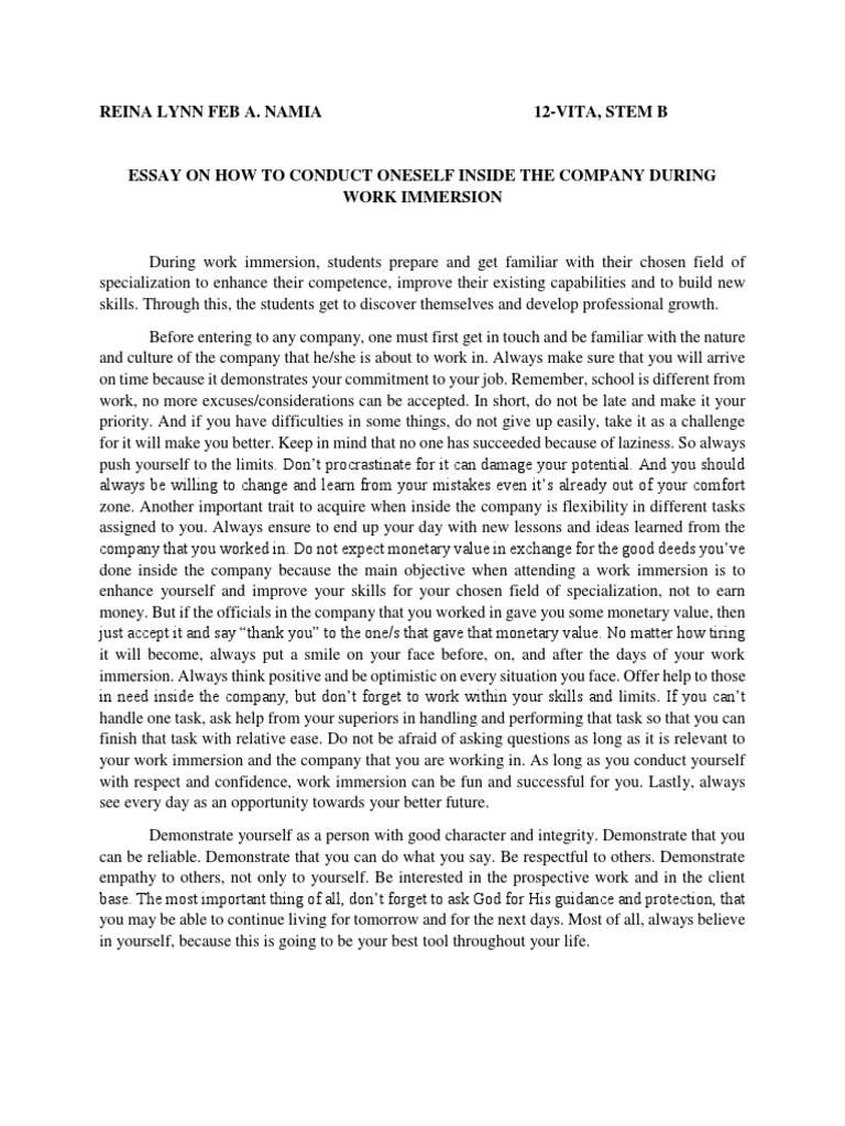 Essay For Work Immersion | PDF | Applied Psychology | Behavioural Sciences