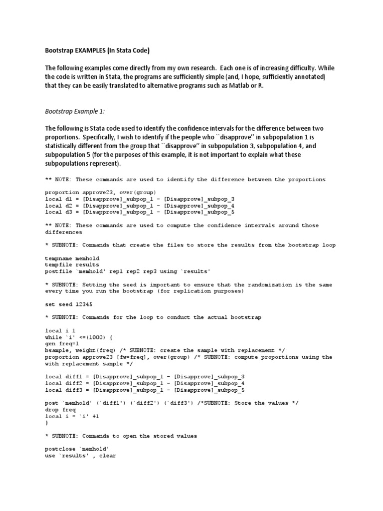 Bootstrap Examples (Código Stata) | Download Free PDF | Bootstrapping (Statistics) | Estimation ...