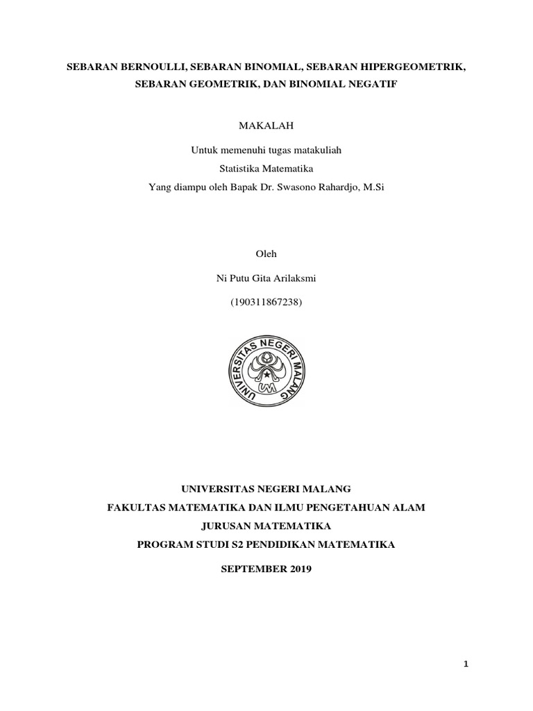 SEBARAN BERNOULLI, BINOMIAL, HIPERGEOMETRIK, GEOMETRIK, Dan BINOMIAL ...