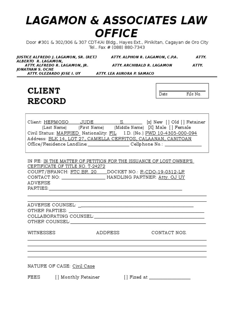 Form 1 - Client Record Edited | PDF | Government | Justice