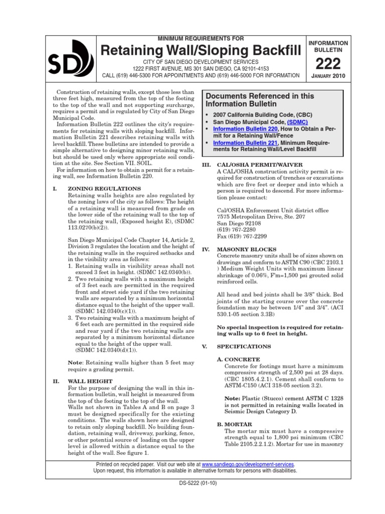 Min. Requirements For Retaining Wall/Sloping Backfill | PDF | Concrete ...