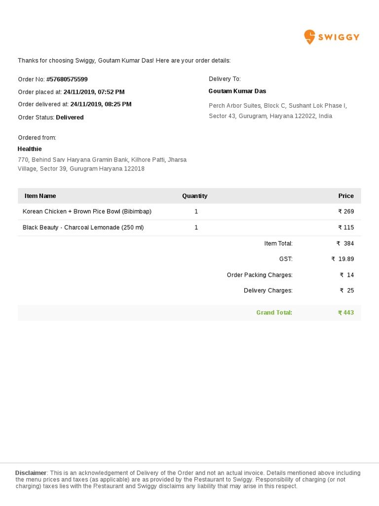 Swiggy Order 57680575599 | PDF | Invoice | Fee