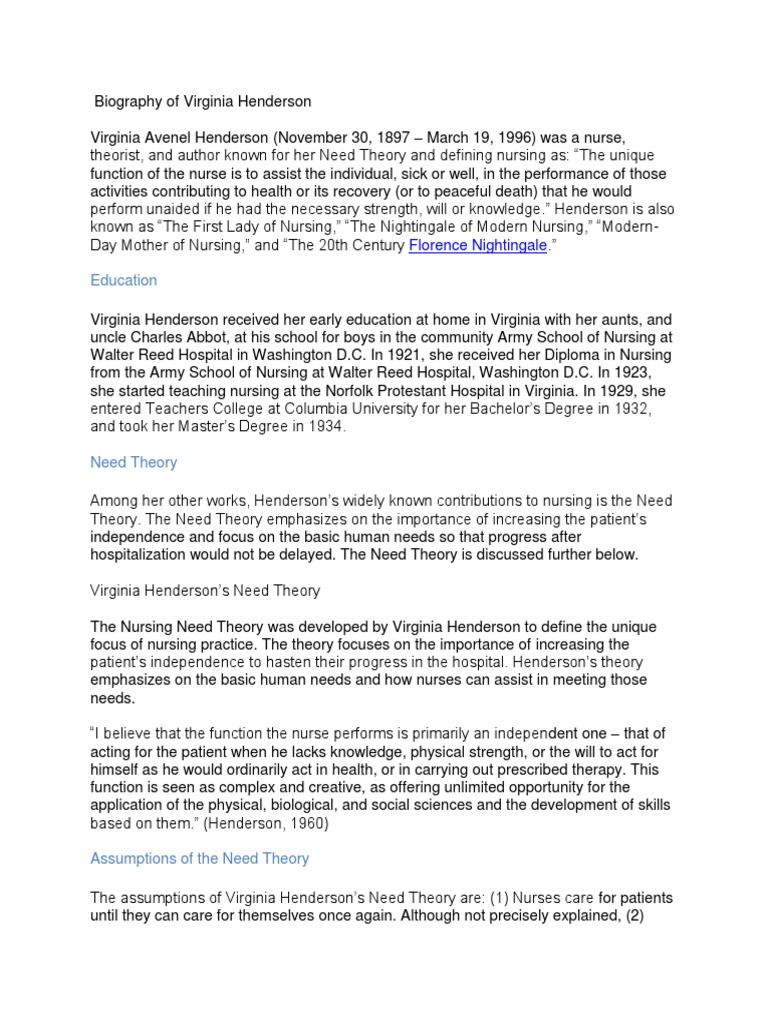 Virginia Henderson: Nursing Pioneer Biography | PDF | Nursing ...