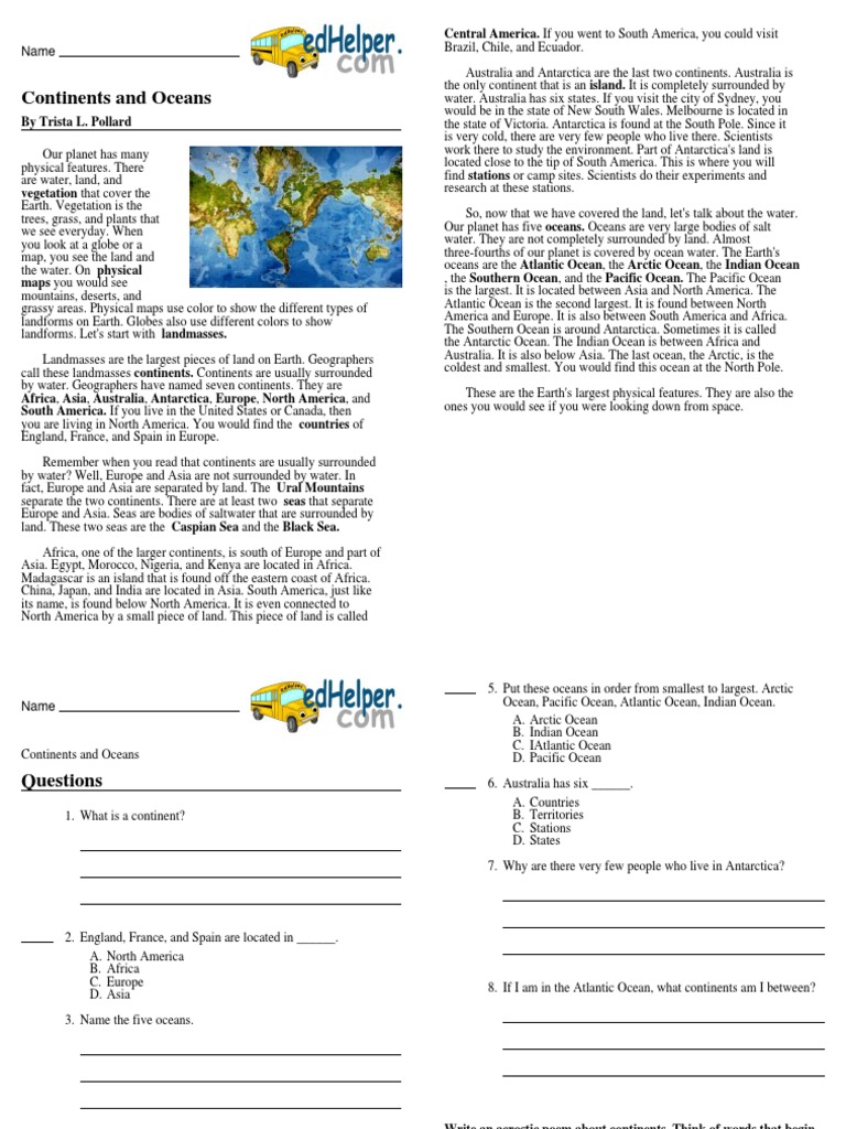Continents and Oceans Reading Comp | PDF | Continent | Europe Travel