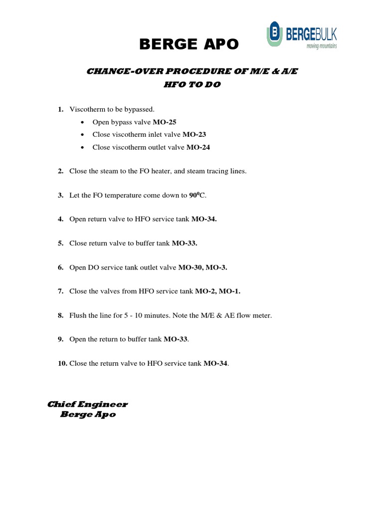 Change Over Procedure Hfo To Mdo | PDF
