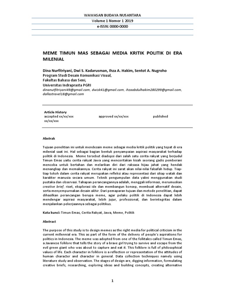 Meme Timun Mas Sebagai Media Kritik Politik Di Era Milenial | PDF