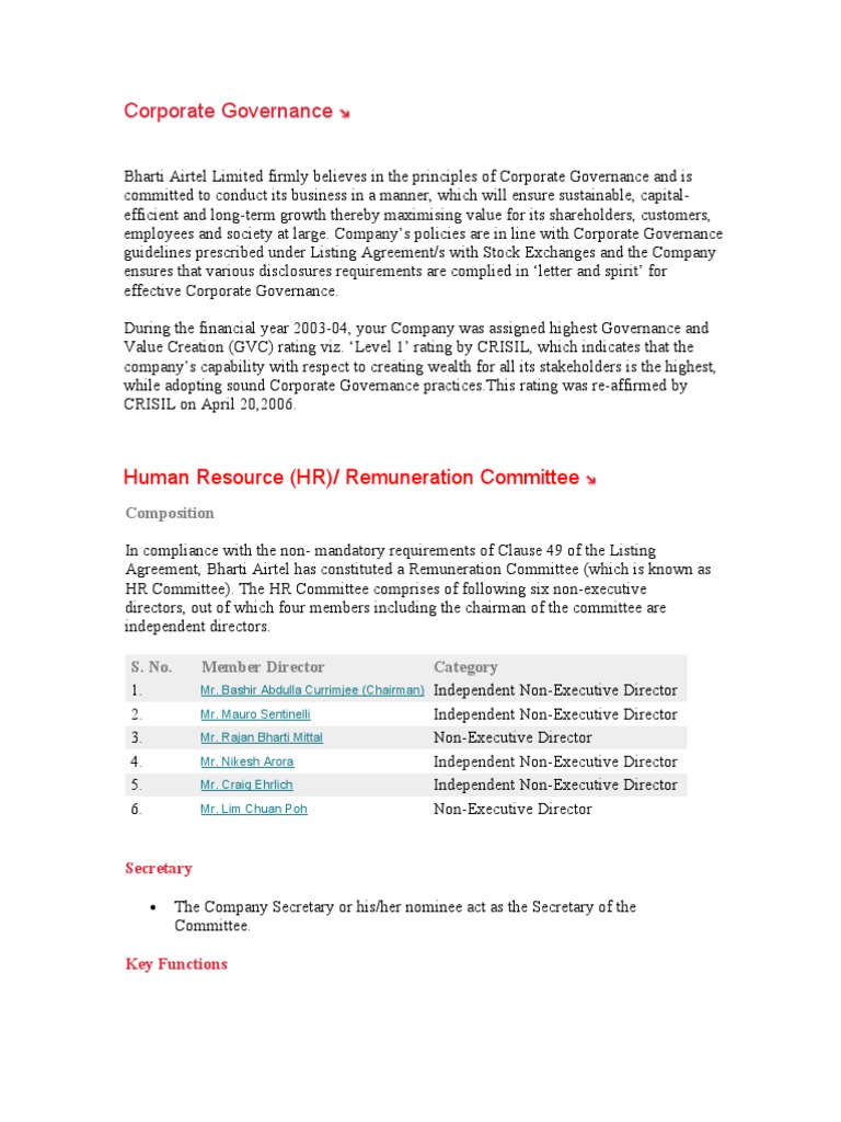 Bharti Airtel Governance & HR Committee | PDF | Board Of Directors ...