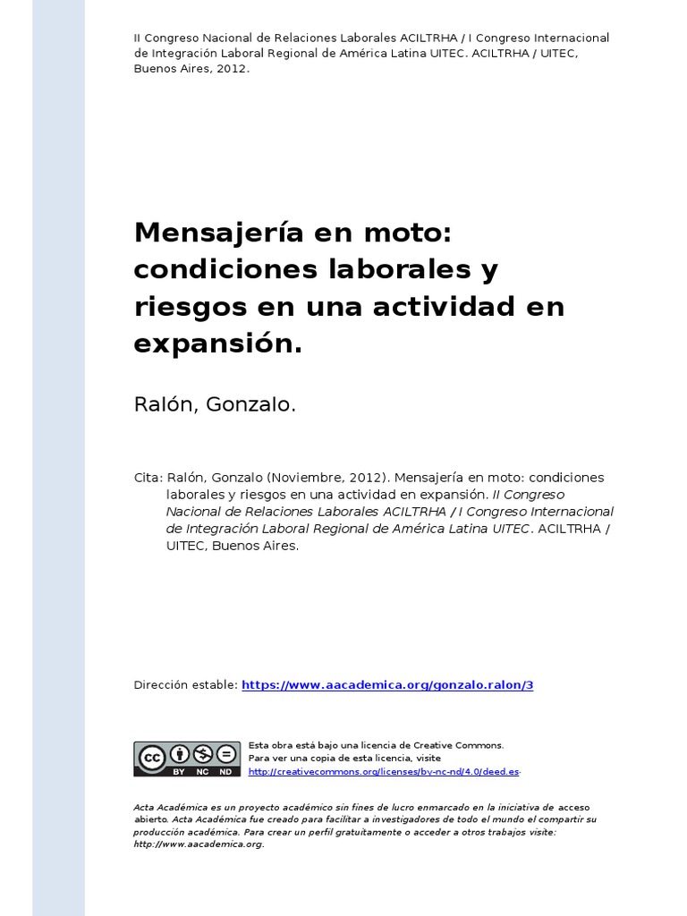 Ralon, Gonzalo (2012) - Mensajeria en Moto Condiciones Laborales y Riesgos en Una Actividad en ...