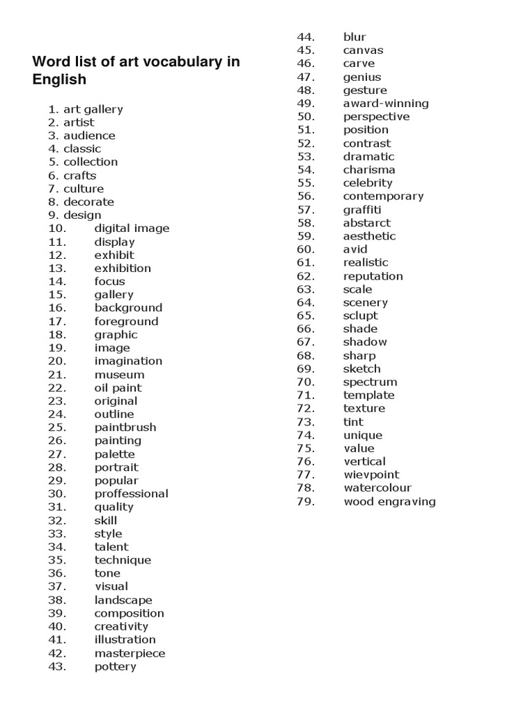 Word List of Art Vocabulary in English | PDF | Paintings | Art Media